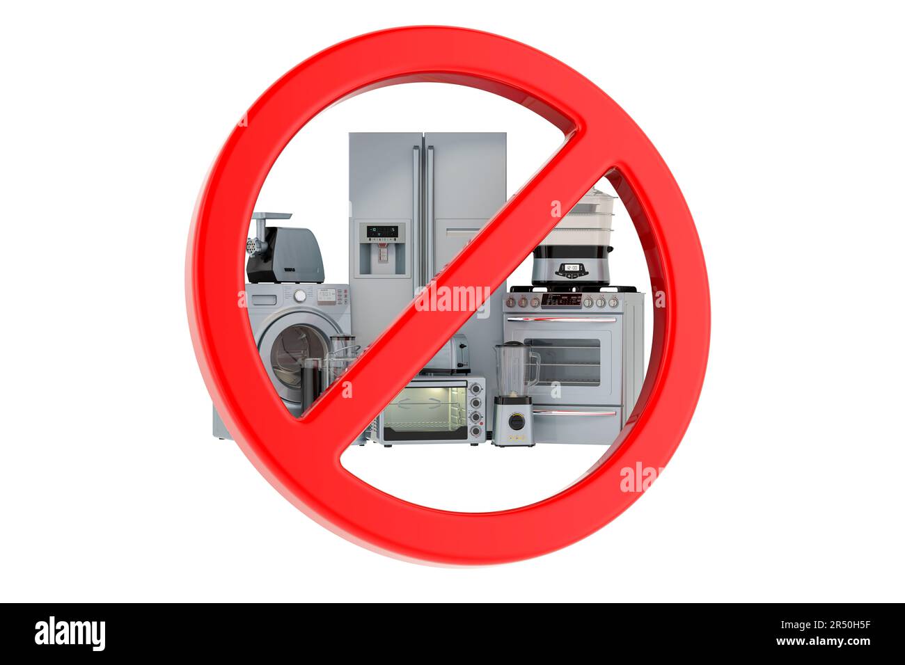 Set of kitchen and home appliances with forbidden symbol, 3D rendering ...