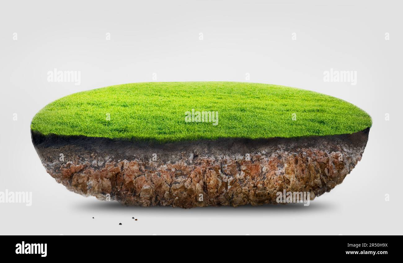 green grass cross section of field and soil on white background, 3D ...