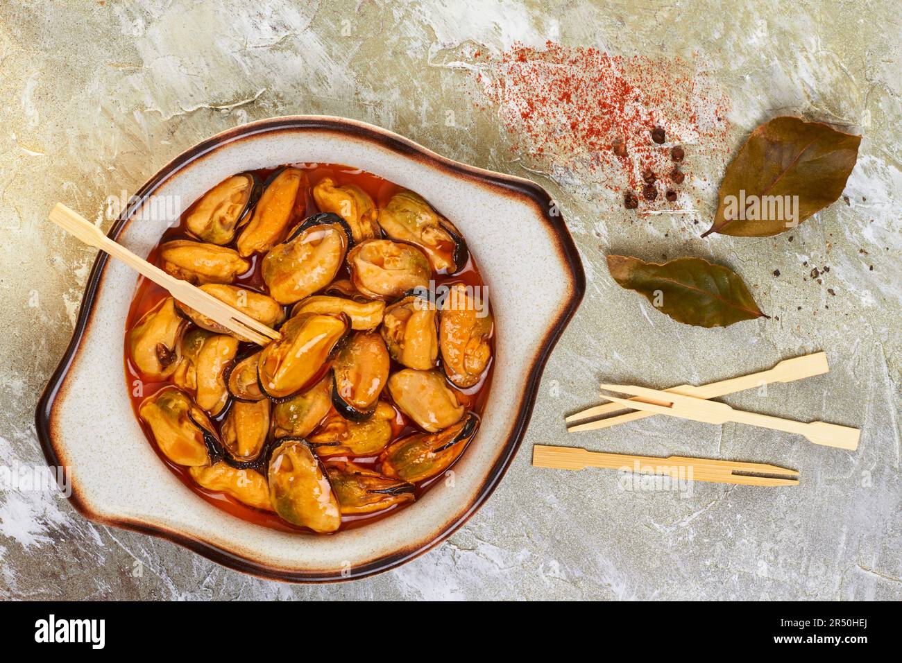 Preserved mussels as tapas Stock Photo - Alamy