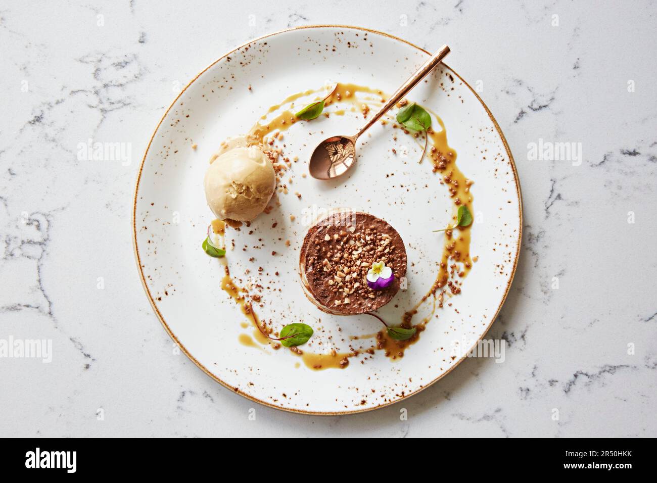 Chocolate and hazelnut mousse with a salted caramel ice cream Stock ...