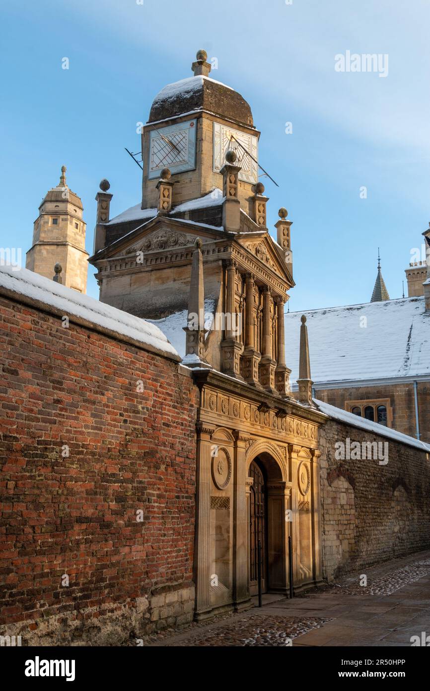 The Gate of Honour stands in Senate House Passage on a snowy, winters ...