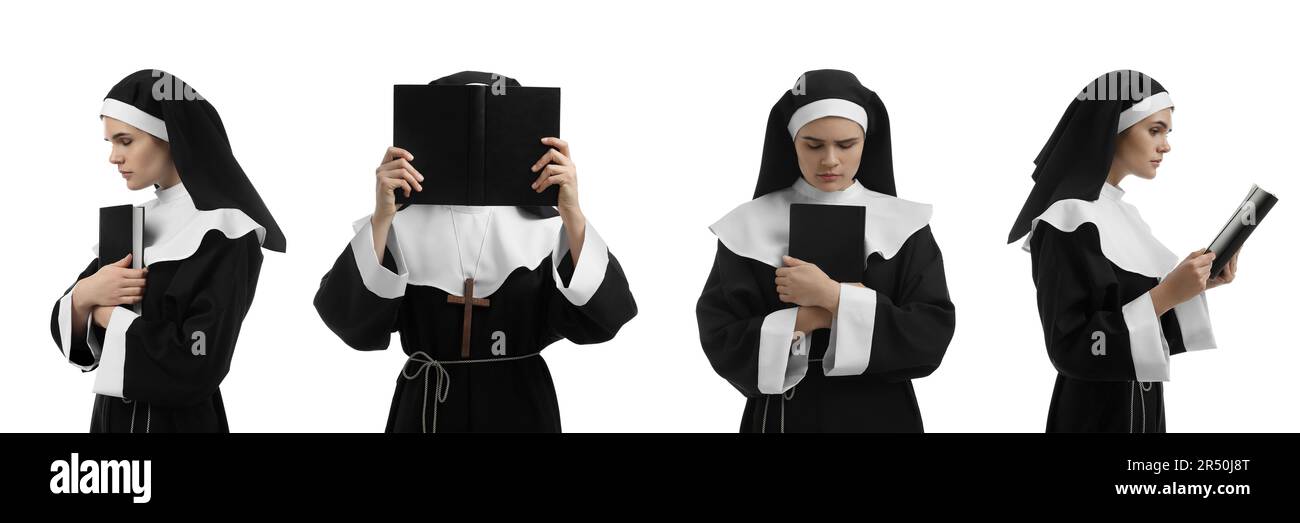 Collage with photos of young nun holding Bible on white background ...