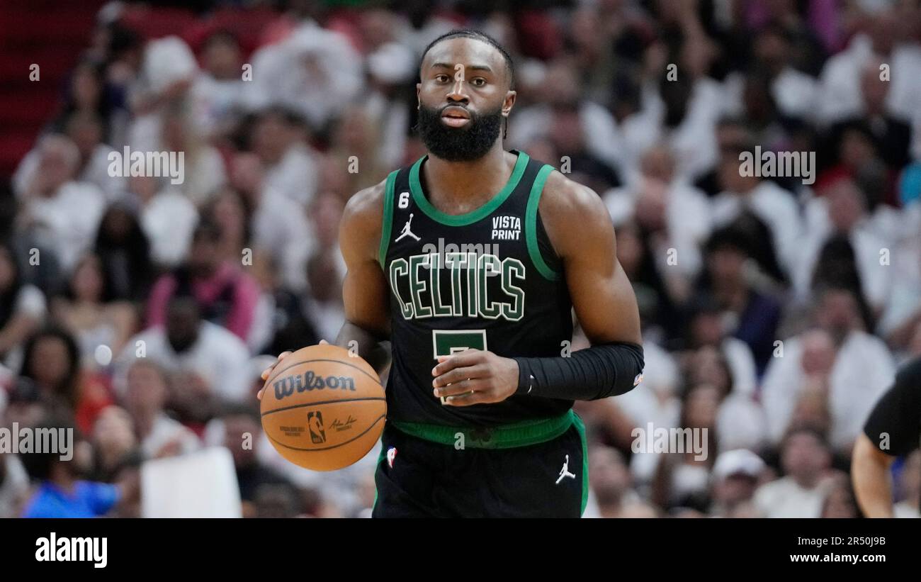 Boston Celtics guard Jaylen Brown (7) dribbles the ball during Game 3 ...