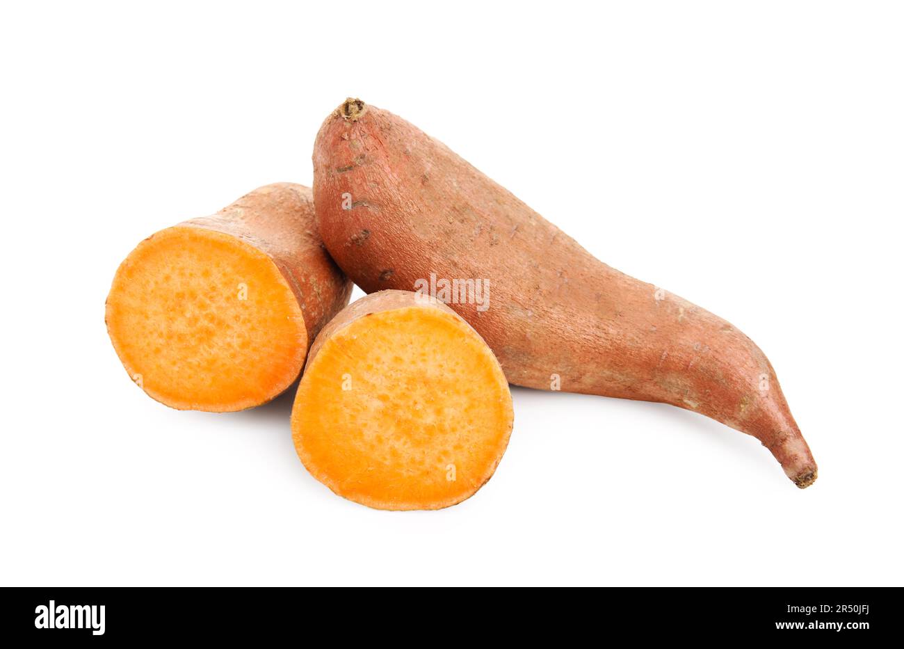 Whole and cut sweet potatoes on white background Stock Photo - Alamy