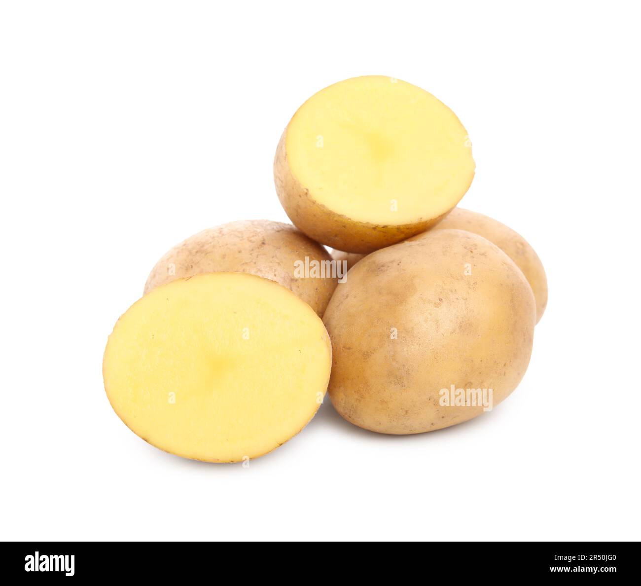 Whole and cut fresh potatoes on white background Stock Photo - Alamy