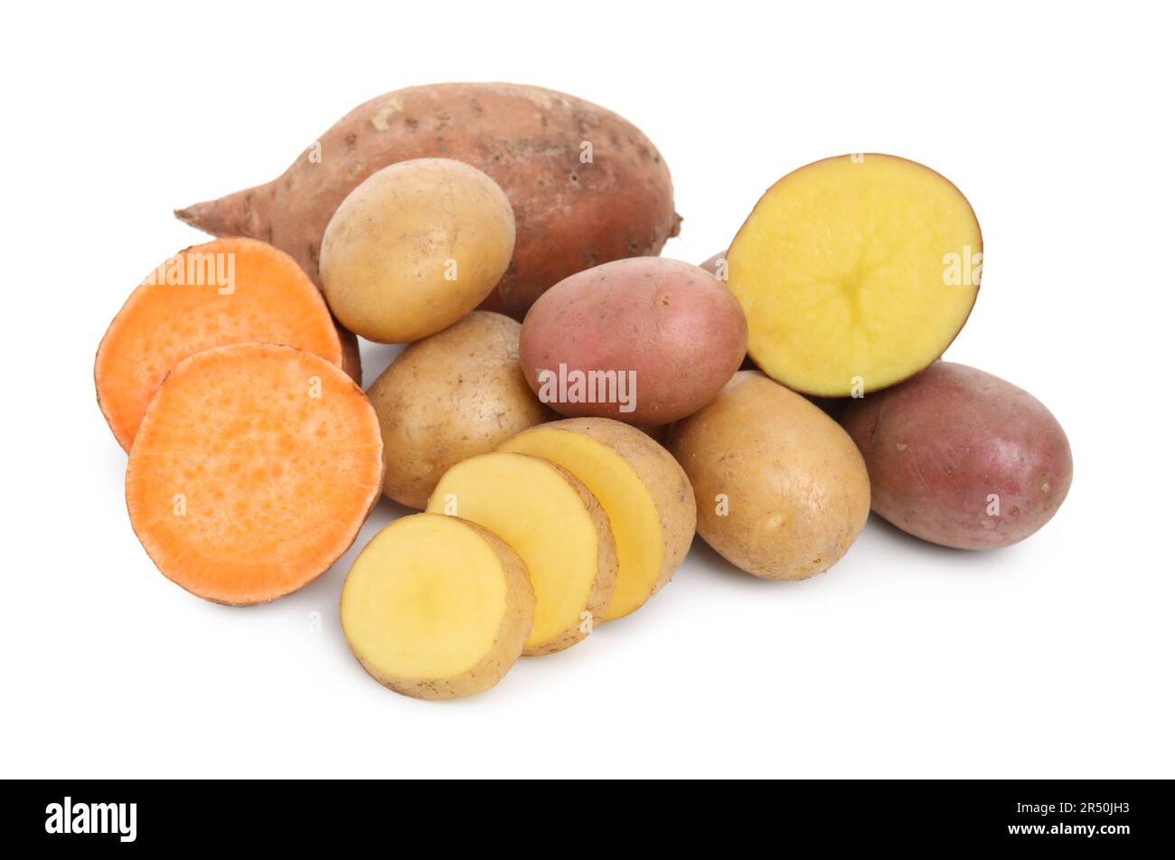 Different types of fresh potatoes on white background Stock Photo - Alamy