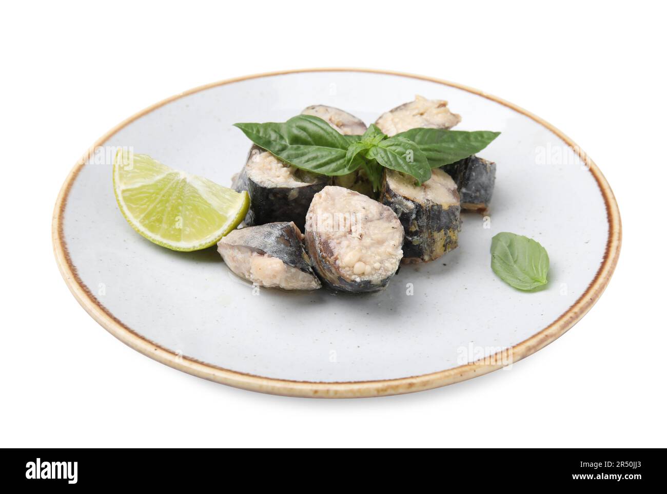 Plate with canned mackerel chunks, lime and basil isolated on white ...