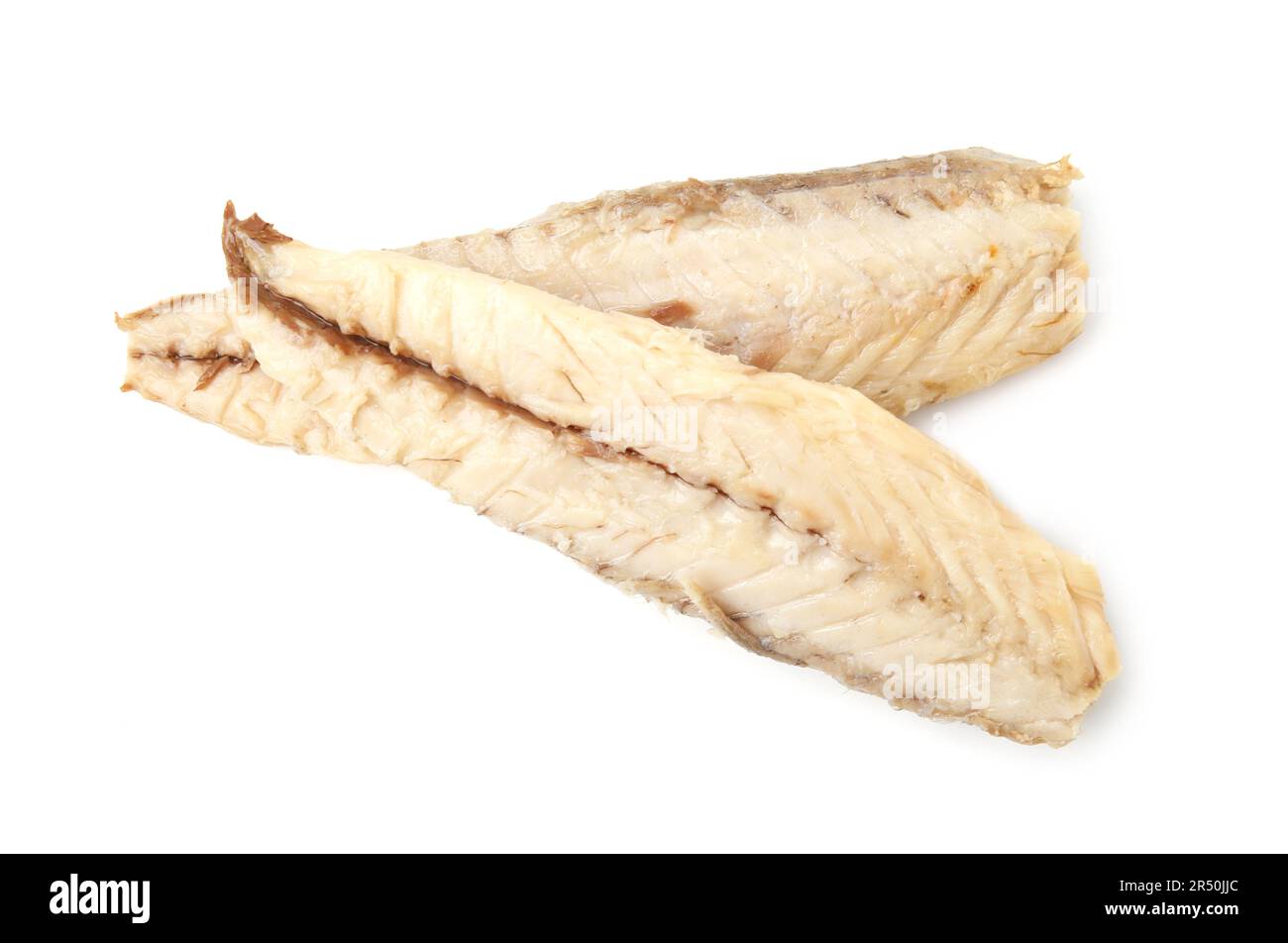 Canned mackerel fillets on white background, top view Stock Photo - Alamy