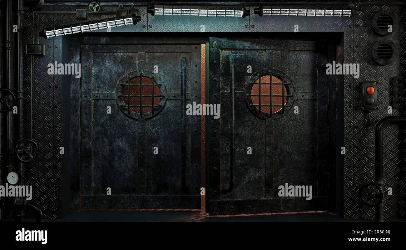 3d illustration. Ship cyberpunk doors made of old metal panels Stock ...