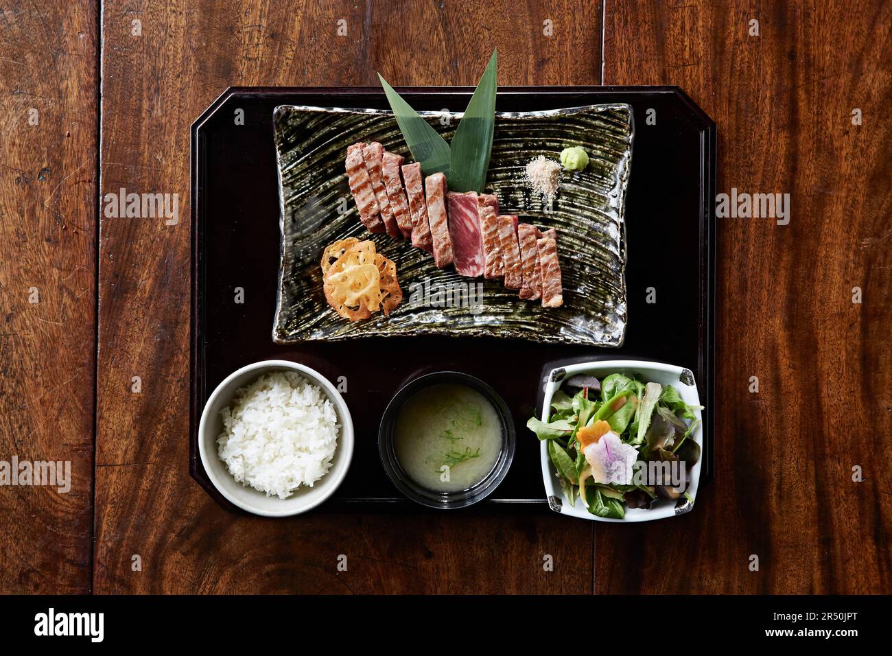 Japanese wagyu beef with rice, salad and miso soup Stock Photo - Alamy