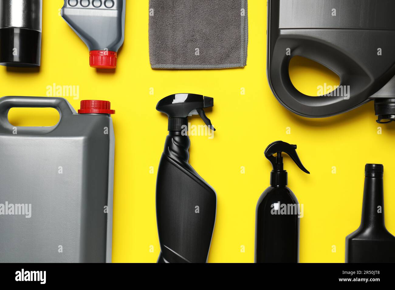 Different car products on yellow background, flat lay Stock Photo - Alamy