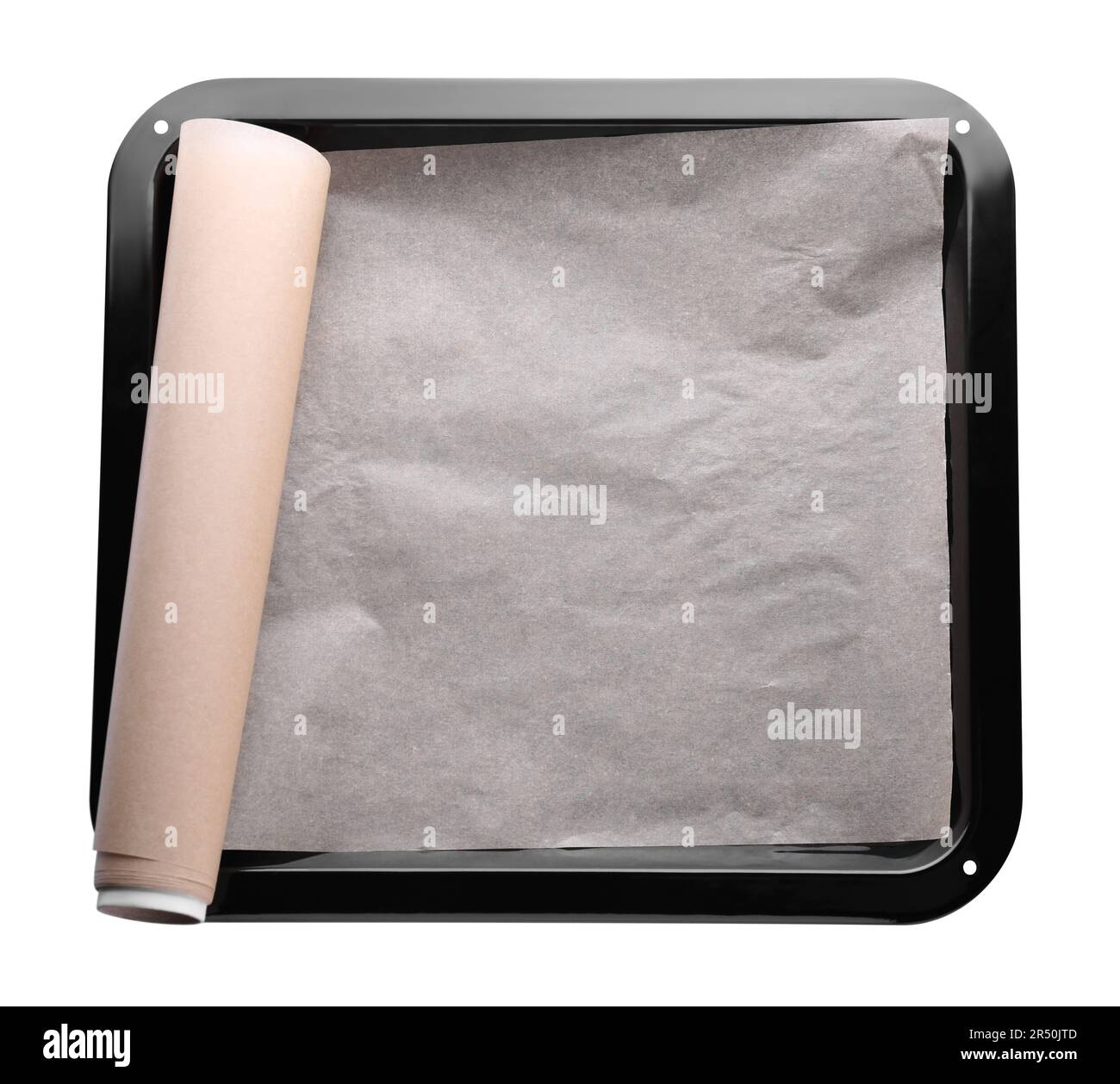 Baking pan with roll of parchment paper isolated on white, top view ...