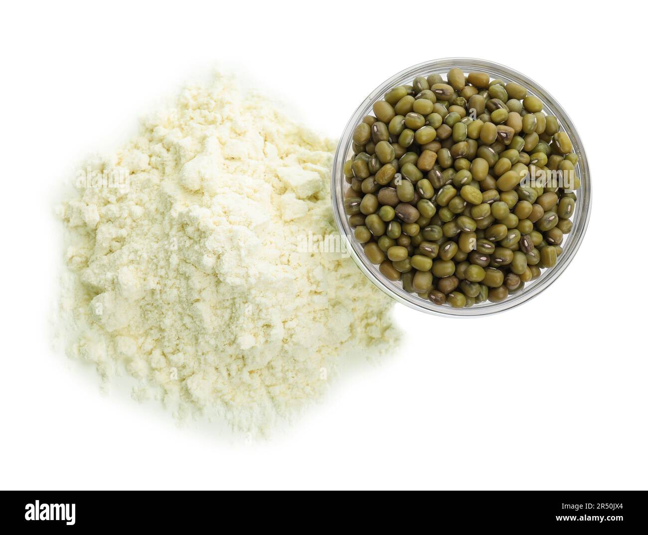 Pile of mung bean flour and bowl with seeds isolated on white, top view ...