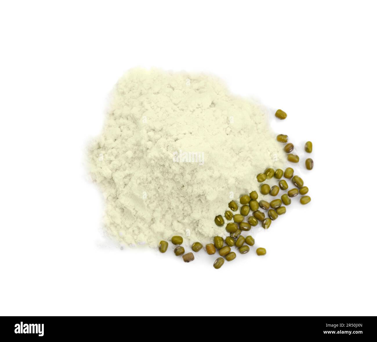 Pile of mung bean flour and seeds isolated on white, top view Stock ...