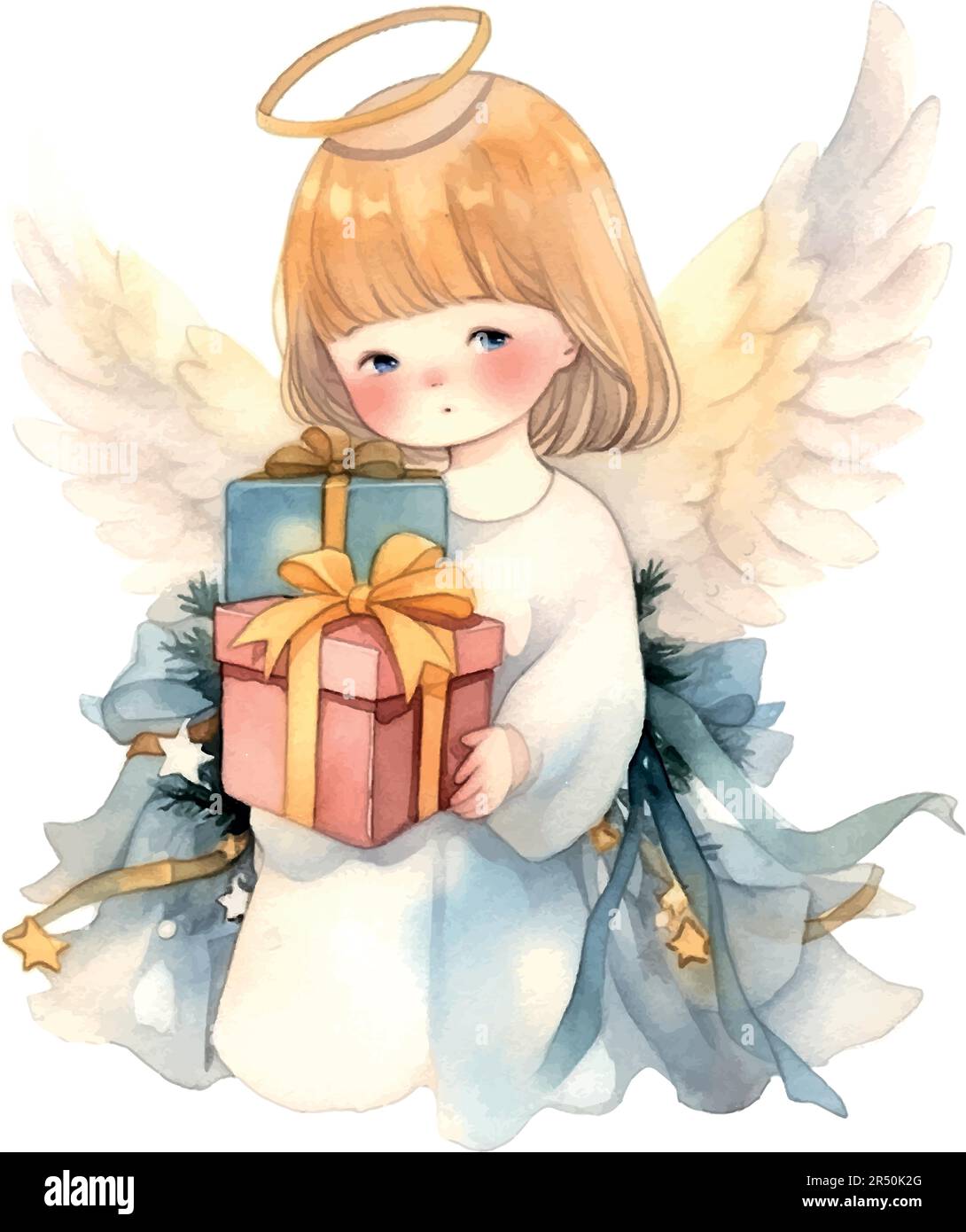 Angel with gift watercolor. Isolated vector illustration. Holiday ...