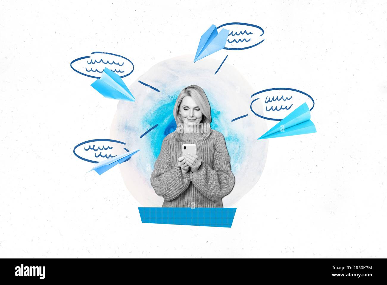 Collage banner photo of young business woman working remote receive ...