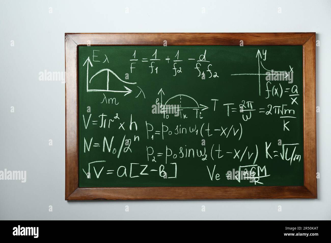 Chalkboard with many different math formulas on white wall Stock Photo ...