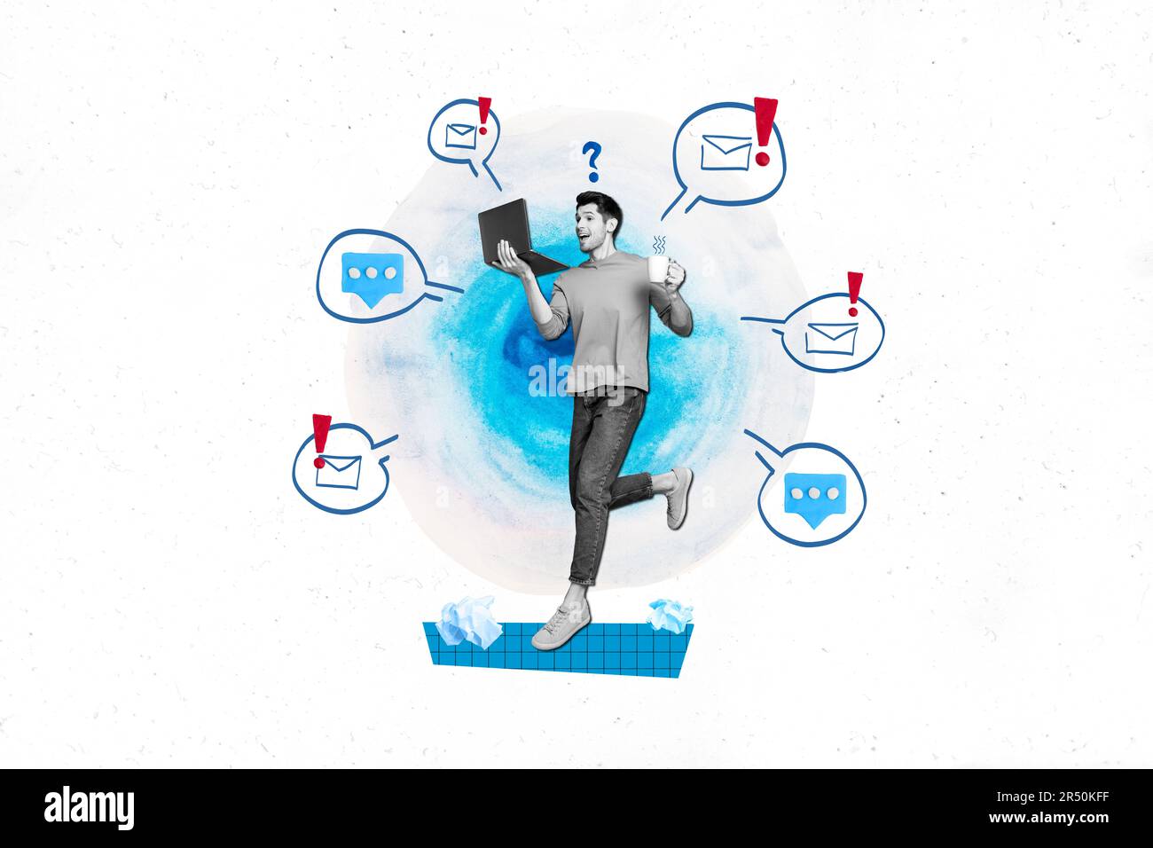 Creative composite artwork illustration collage businessman run hurry ...