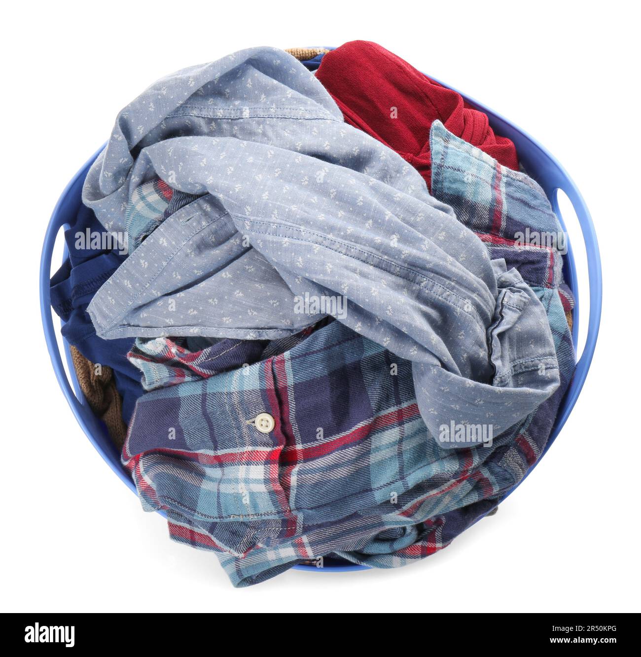 Plastic laundry basket full of clothes isolated on white, top view ...