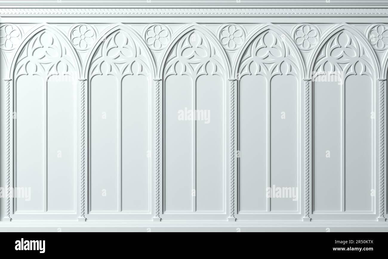 3d illustration. Classic cabinet or castle wall made of gothic wood ...
