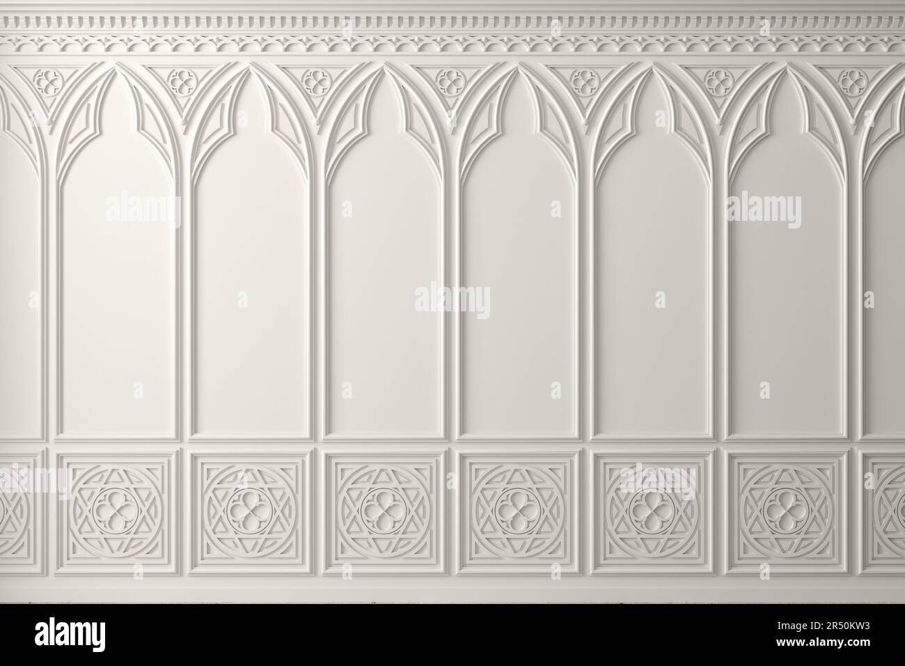 3d illustration. Classic cabinet or castle wall made of gothic wood ...