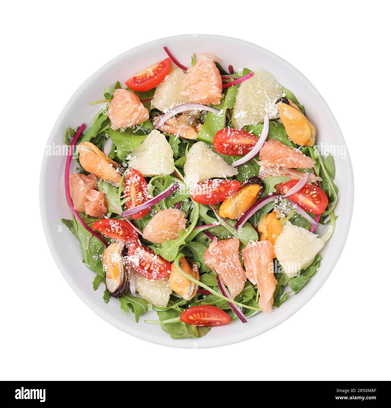 Delicious pomelo salad with tomatoes and mussels in bowl isolated on ...