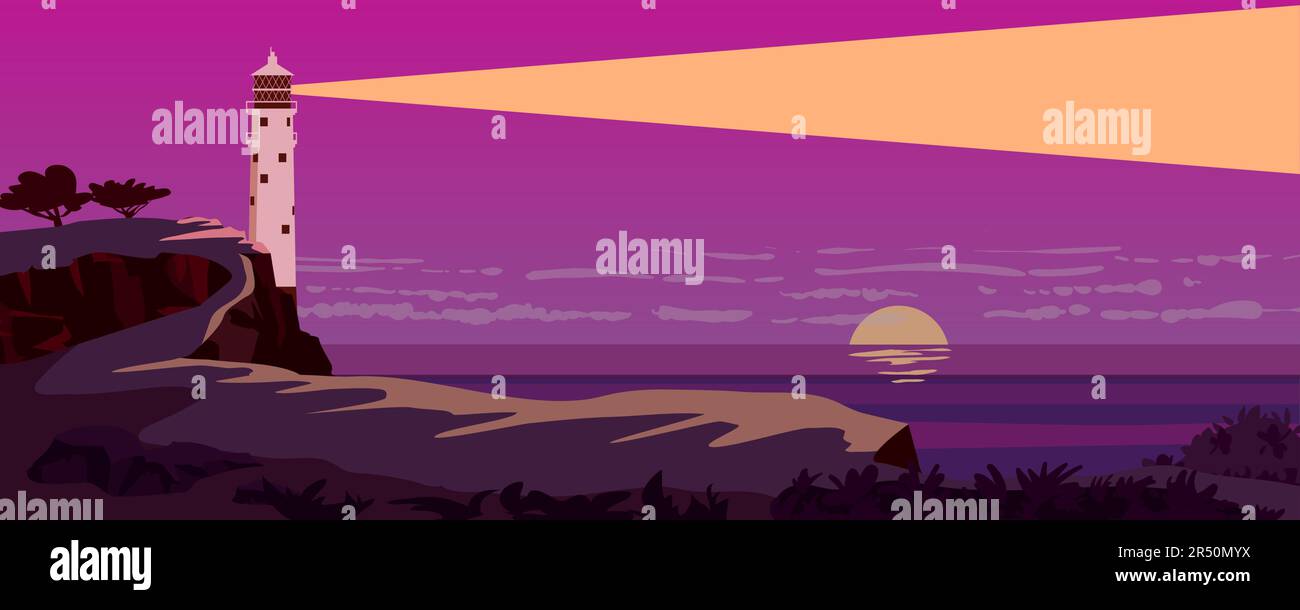 Lighthouse tower, beacon on tropical seashore ocean with ray of light ...