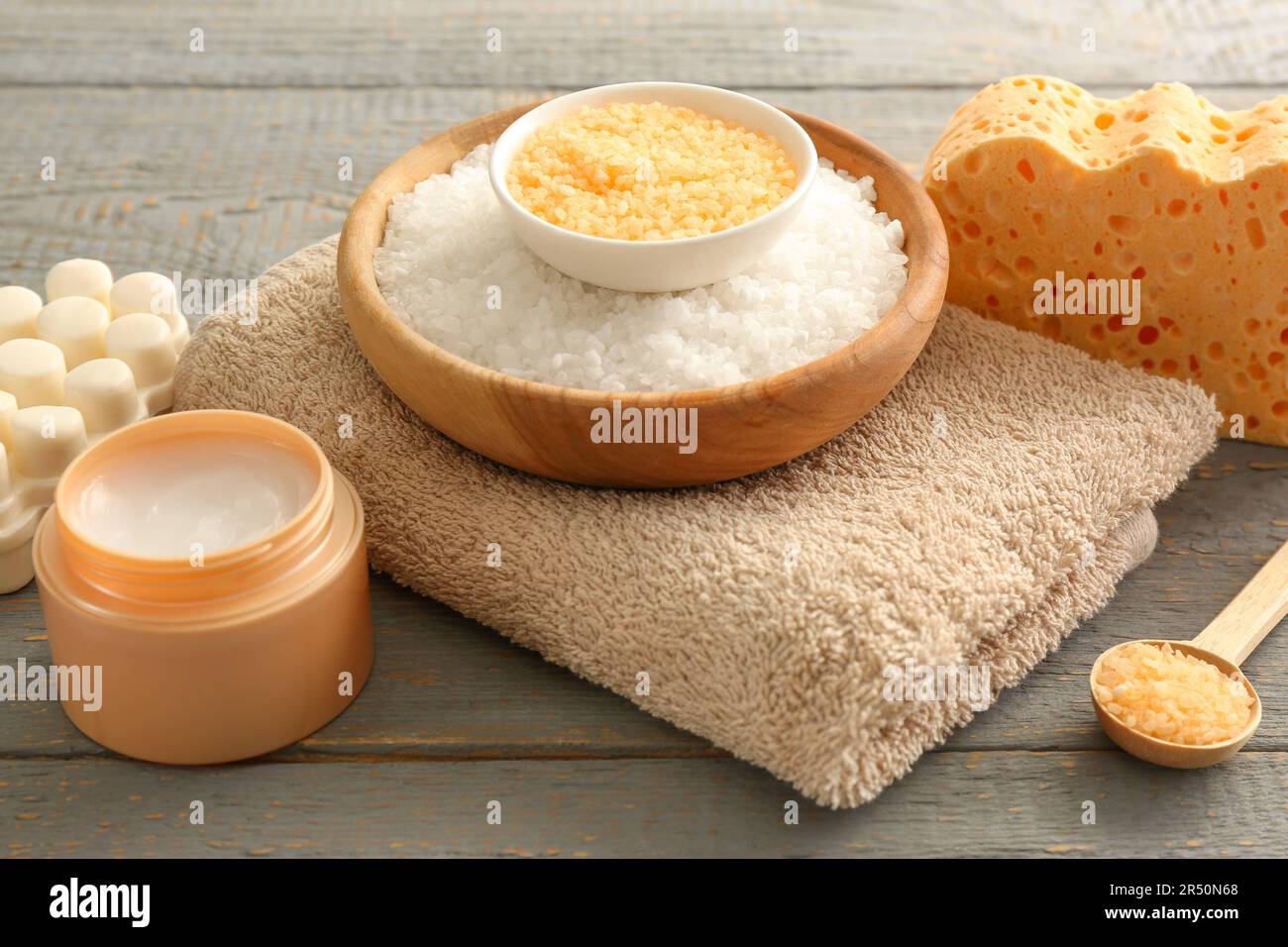 Spa sea salt on rustic hi-res stock photography and images - Alamy