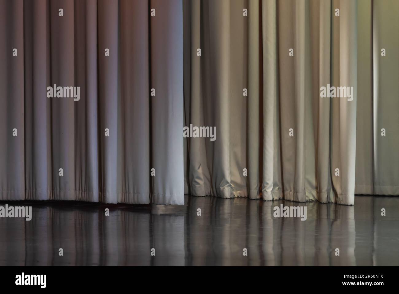 Empty stage with closed white curtain, background photo texture Stock ...