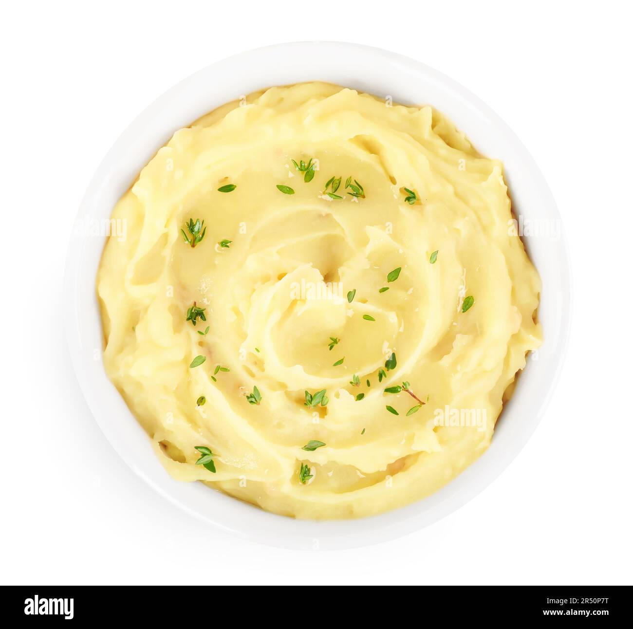 Bowl of tasty mashed potato with rosemary isolated on white, top view ...
