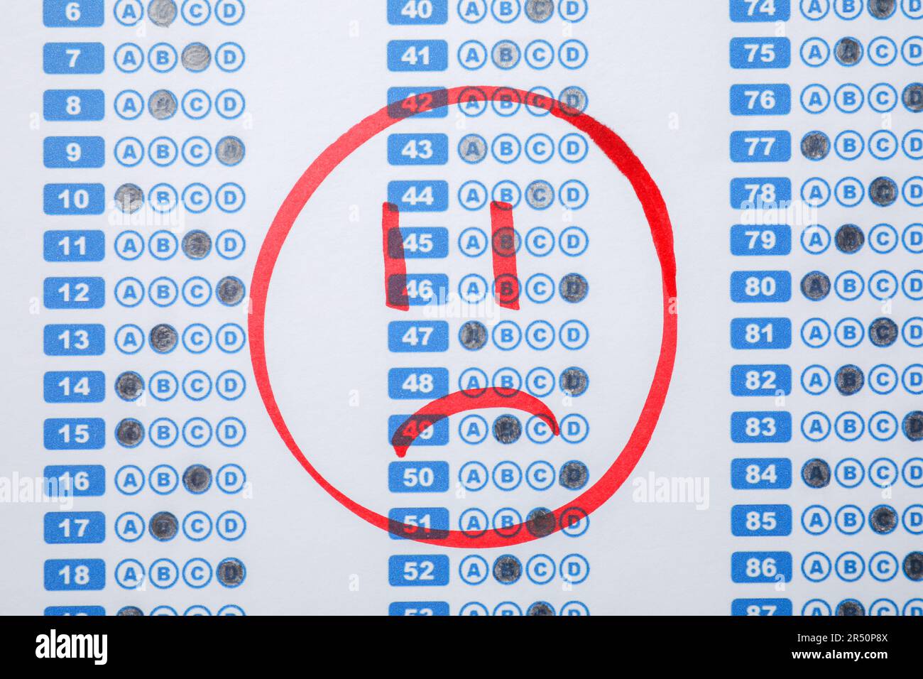 Sad face drawn on answer sheet, top view. Student passing exam Stock ...