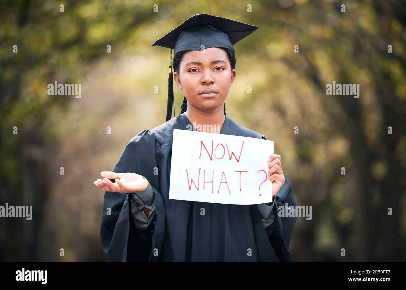 Portrait, graduation and poster with a confused black woman student ...