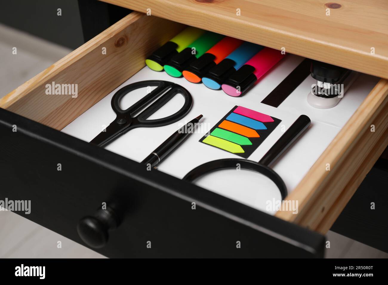 Office supplies in open desk drawer indoors, closeup Stock Photo - Alamy