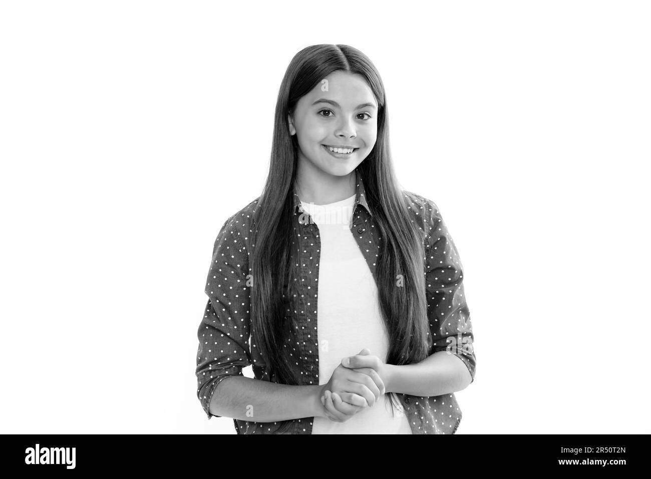Portrait of happy smiling teenage child girl. Cute young teenager girl against a isolated ...