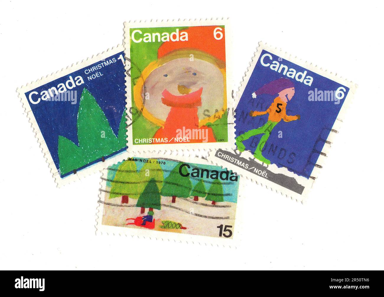 Vintage postage stamps from Canada featuring Christmas isolated on a ...