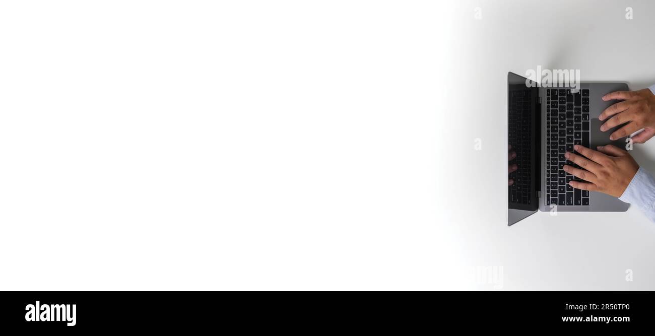 person happy using a computer notebook top view overhead copy workspace ...