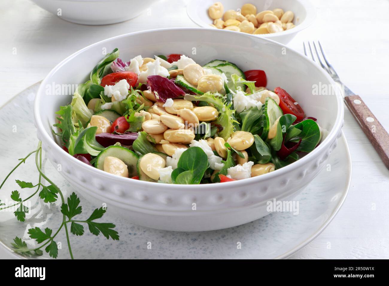 Lupin salad with lettuce, cucumber, and goat cheese Stock Photo - Alamy