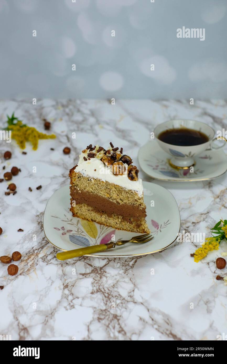 One Slice of Chocolate Mousse Cake with Hazelnuts Stock Photo - Alamy