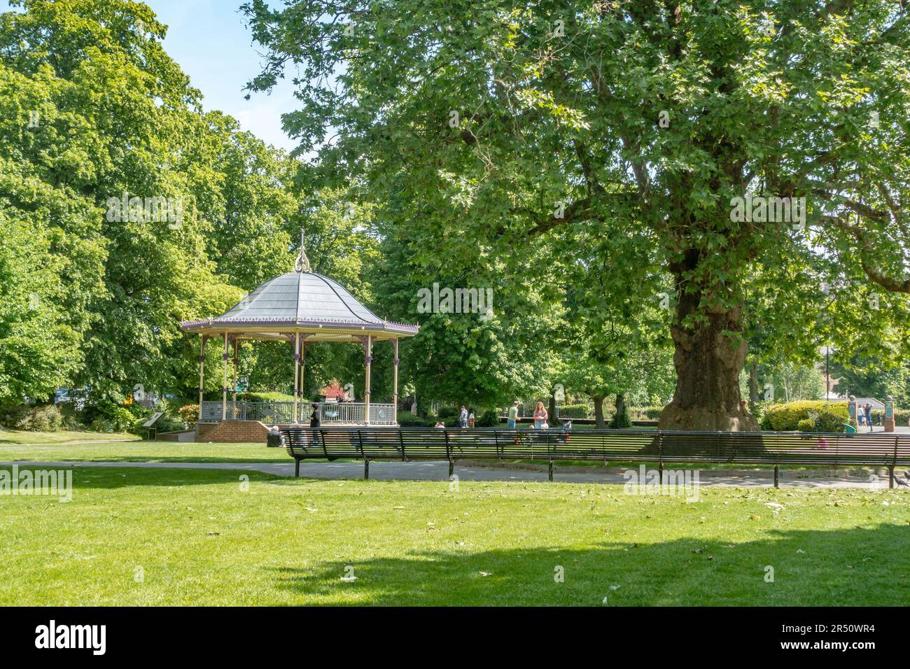 The band stand in Alexandra Gardens in Windsor, UK. The park is lush ...