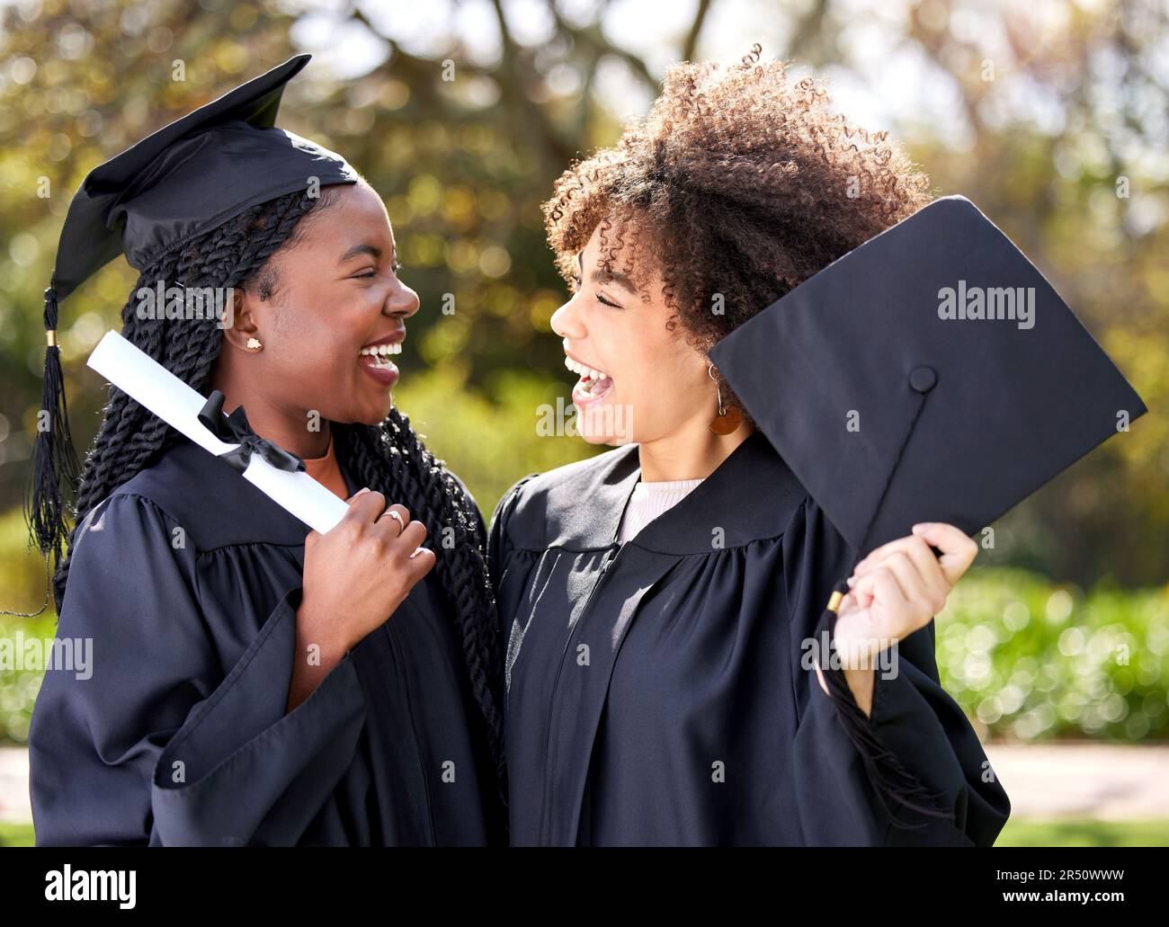 Friends laugh together, graduation and women with success in education ...