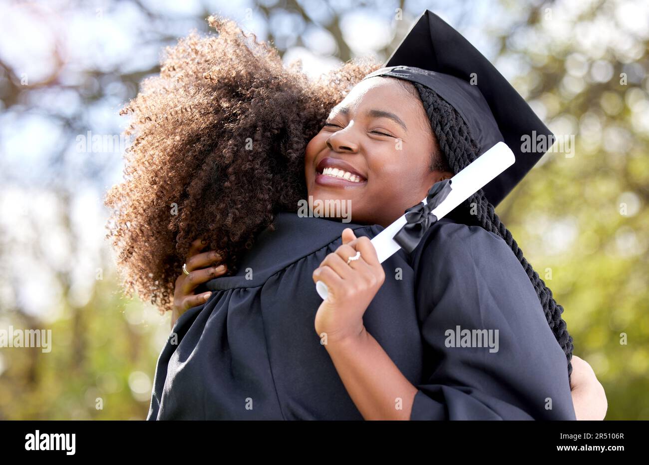 Friends hug, graduation and university with achievement and women with ...
