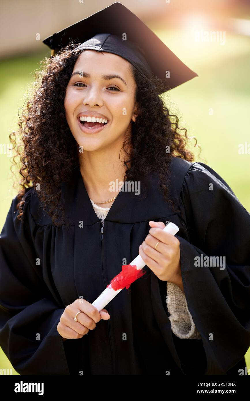 University student, woman portrait and college degree with school ...