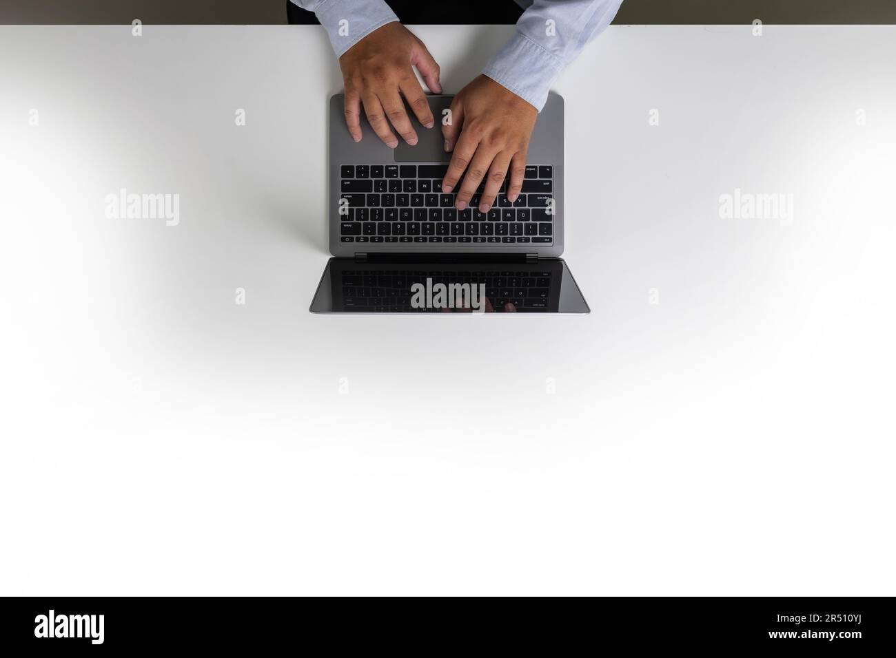person happy using a computer notebook top view overhead copy workspace ...