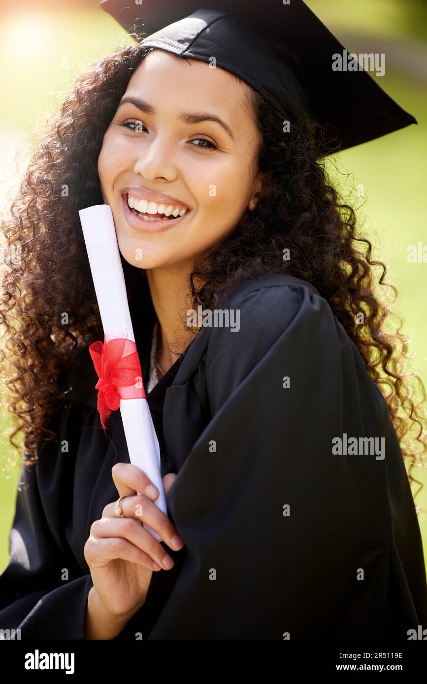University graduate, woman portrait and college paper with school ...