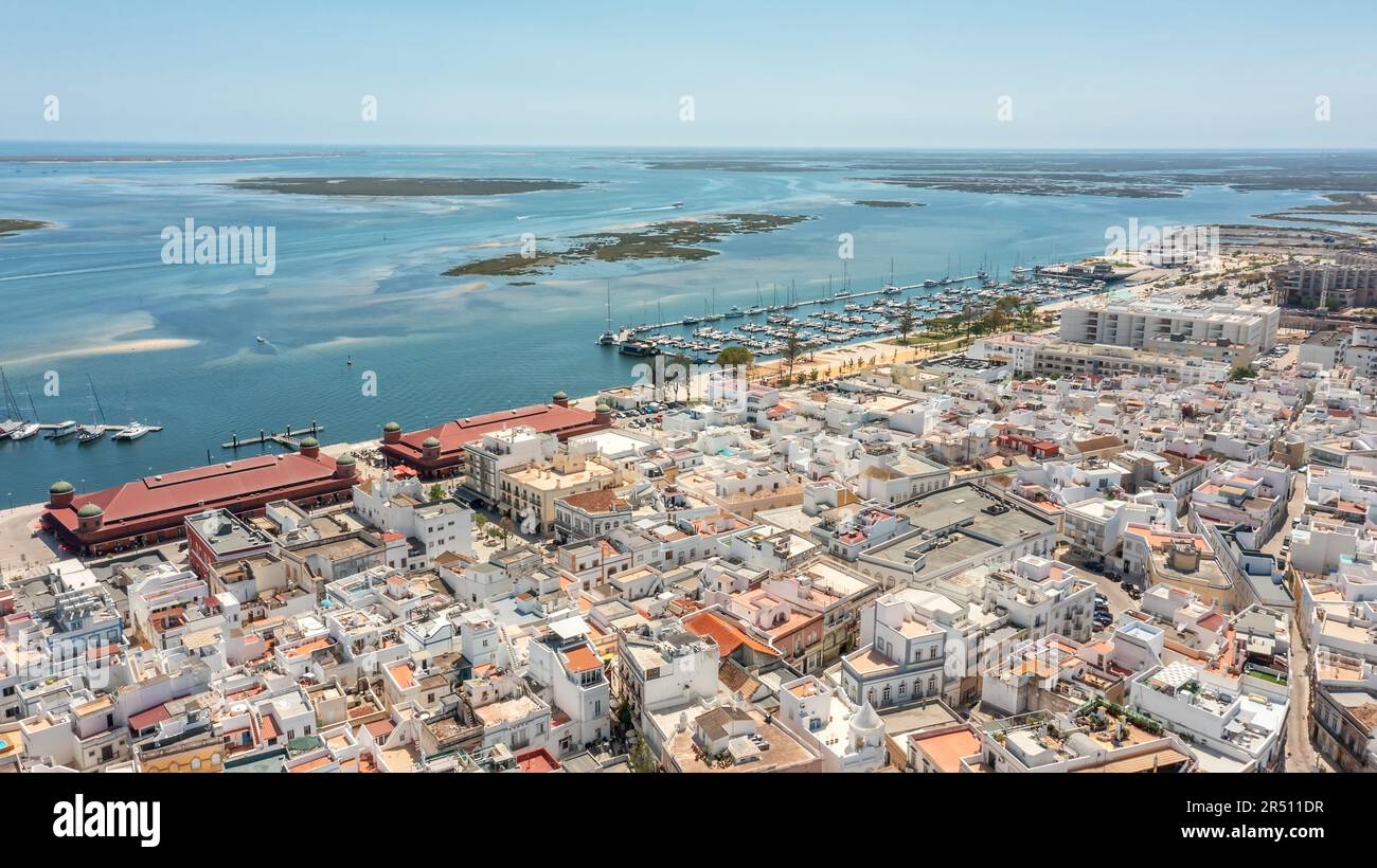 Aerial view of Portuguese fishing tourist town of Olhao with a view the ...