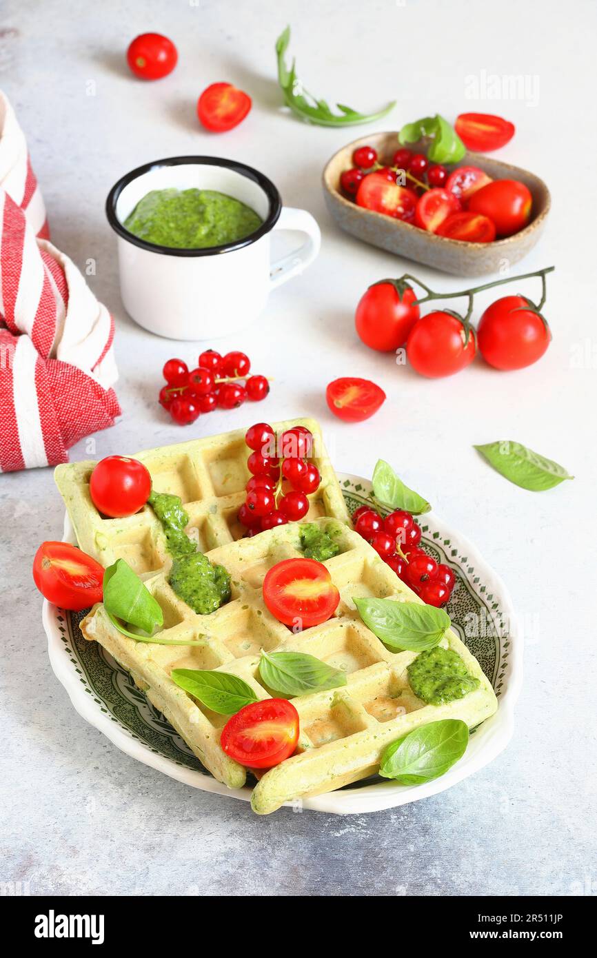 Rocket waffle with basil pesto Stock Photo - Alamy