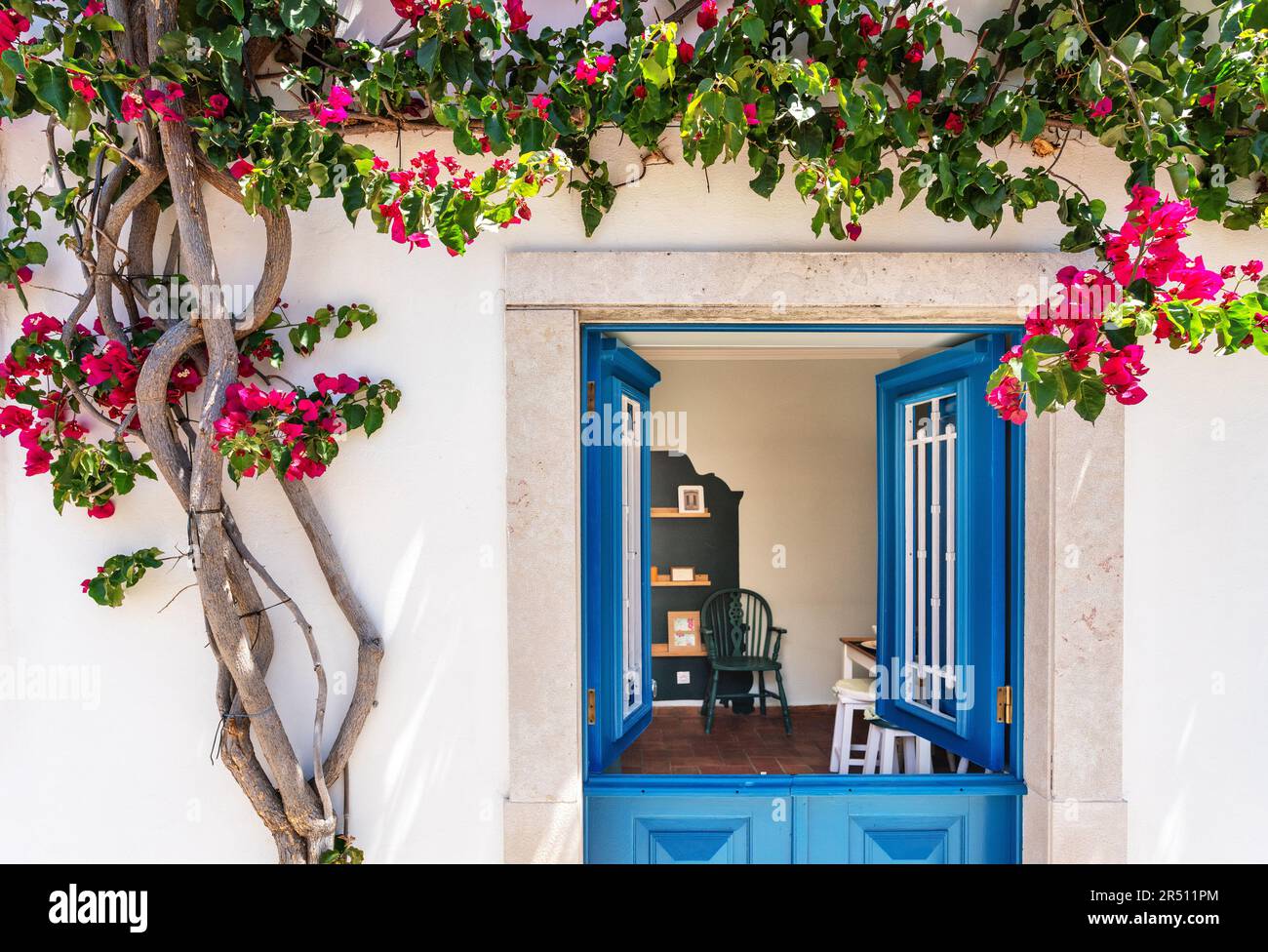 Typical portuguese building architecture door with flowers in front of ...