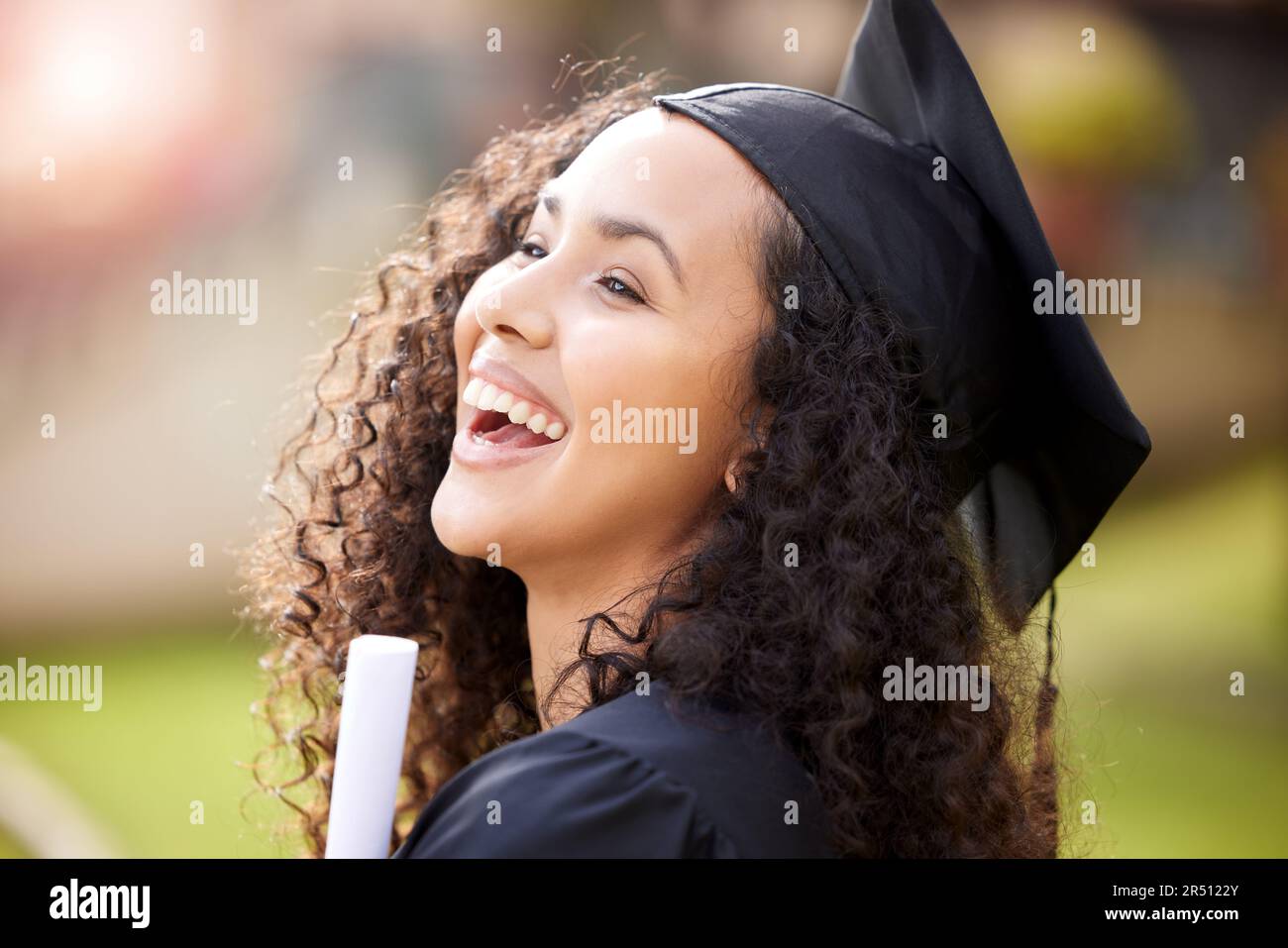 University graduate, woman portrait and laugh with school achievement ...