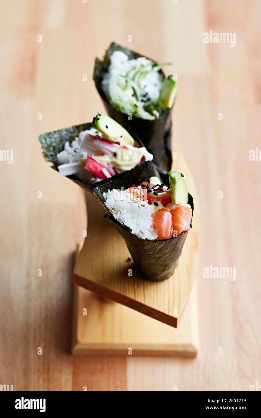 Three different temaki sushi (Japan Stock Photo - Alamy