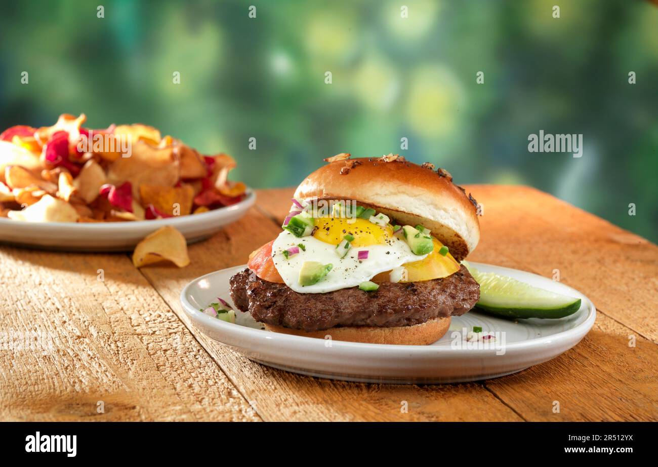 California sun burger with fried egg Stock Photo - Alamy